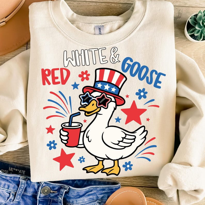 Cute Red White and Goose Sweatshirt, Boho Floral Patriotic Pullover for ...