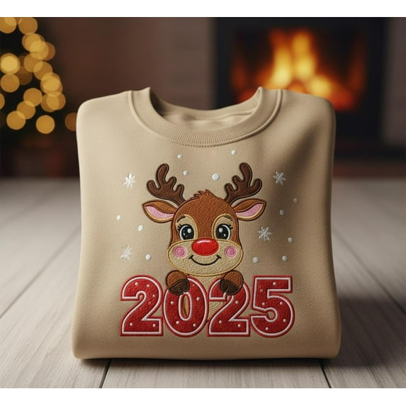 Cute Reindeer 2025 Embroidered Christmas Sweatshirt with Festive ...