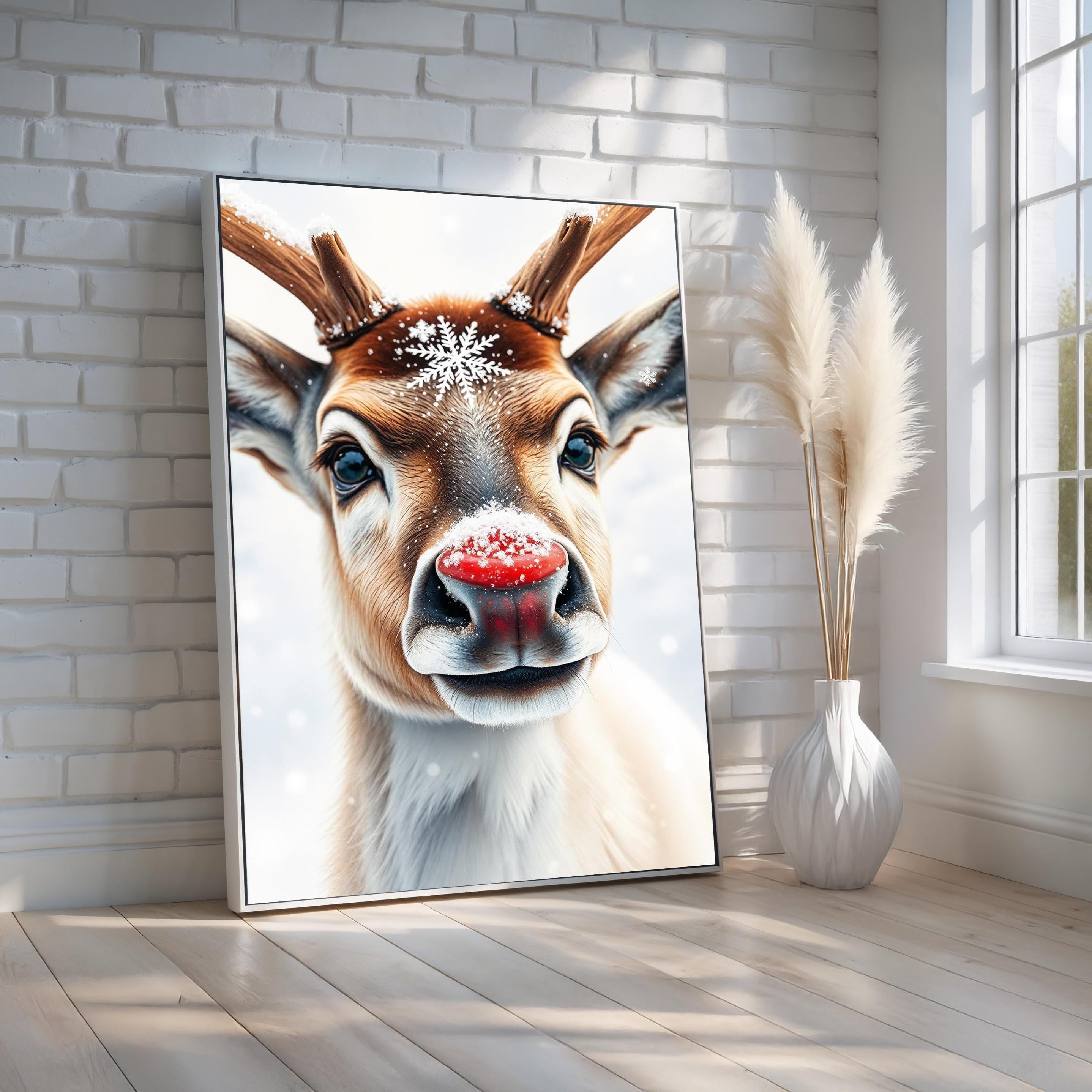 Cute Reindeer Kristmas Print, Snowy Red-Nosed Reindeer Wall Art, Animal ...