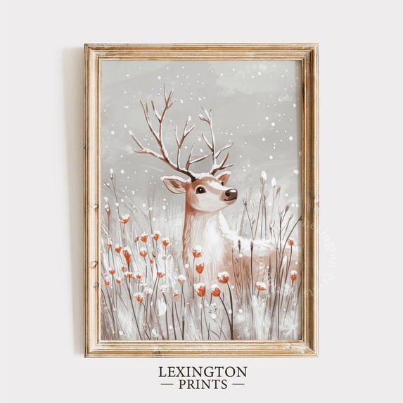 Cute Reindeer Neutral Winter Wall Art, Unframed Paper Print Size 16x24 ...