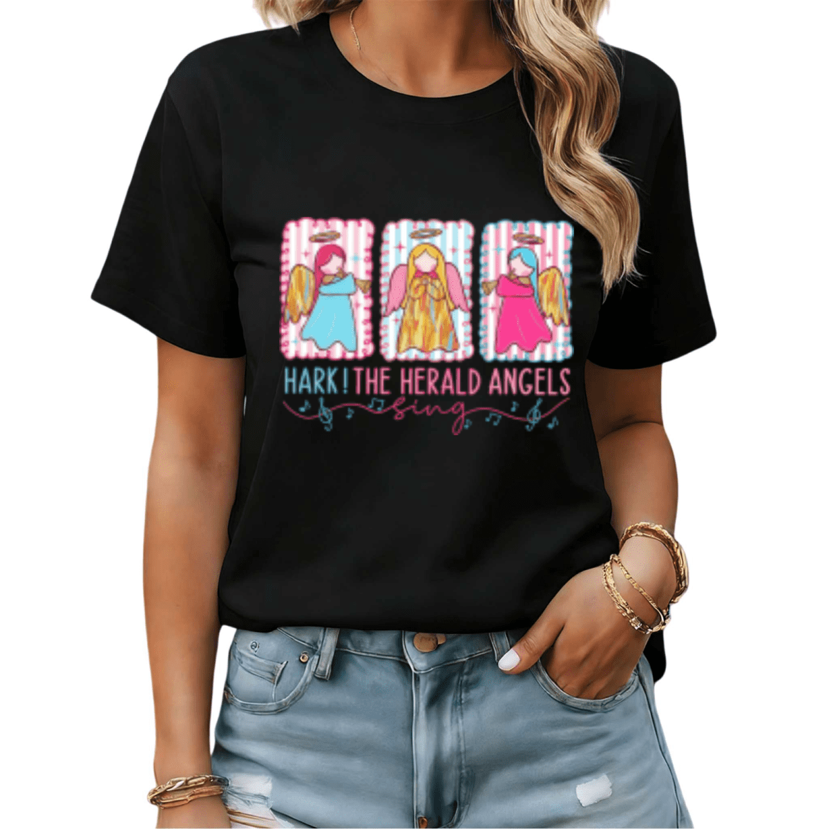 Cute Retro Angels Christmas Graphic Tees Womans T shirt Black/White S ...