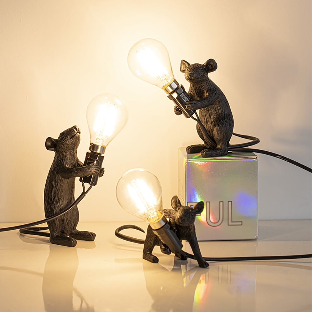 Novetly Retro Little Mouse Table Lamp, Black Resin Cute Animal LED ...