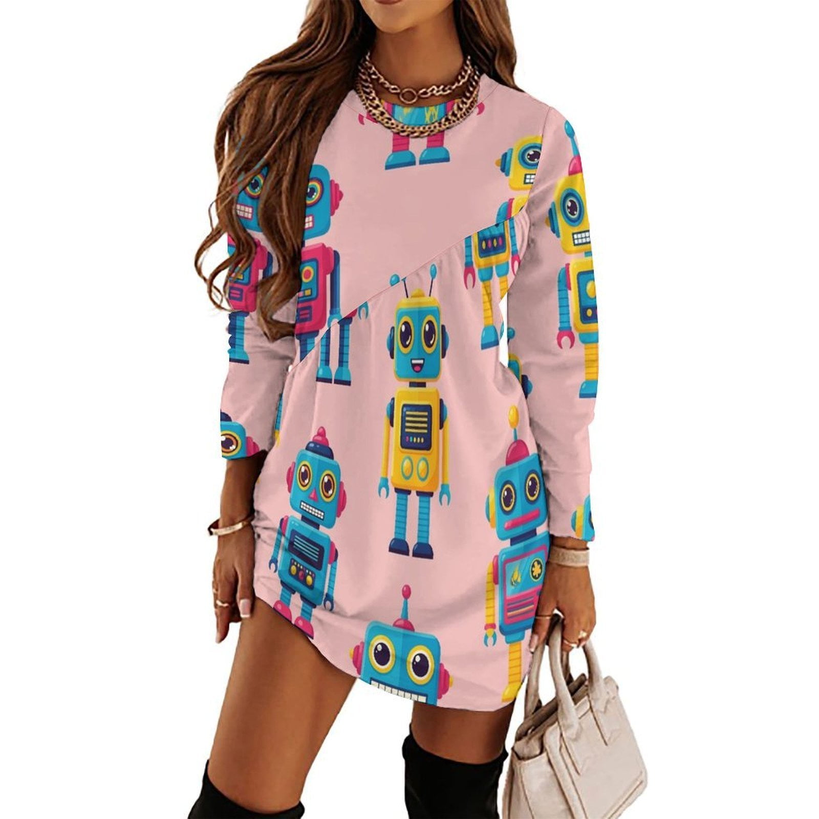 Cute Retro Robot Pink Background Pattern Loose Dress Evening Dress ...