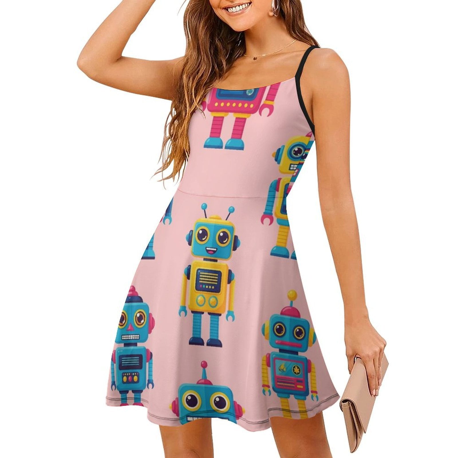 Cute Retro Robot Pink Background Pattern Slip Dress Dresses For Woman ...