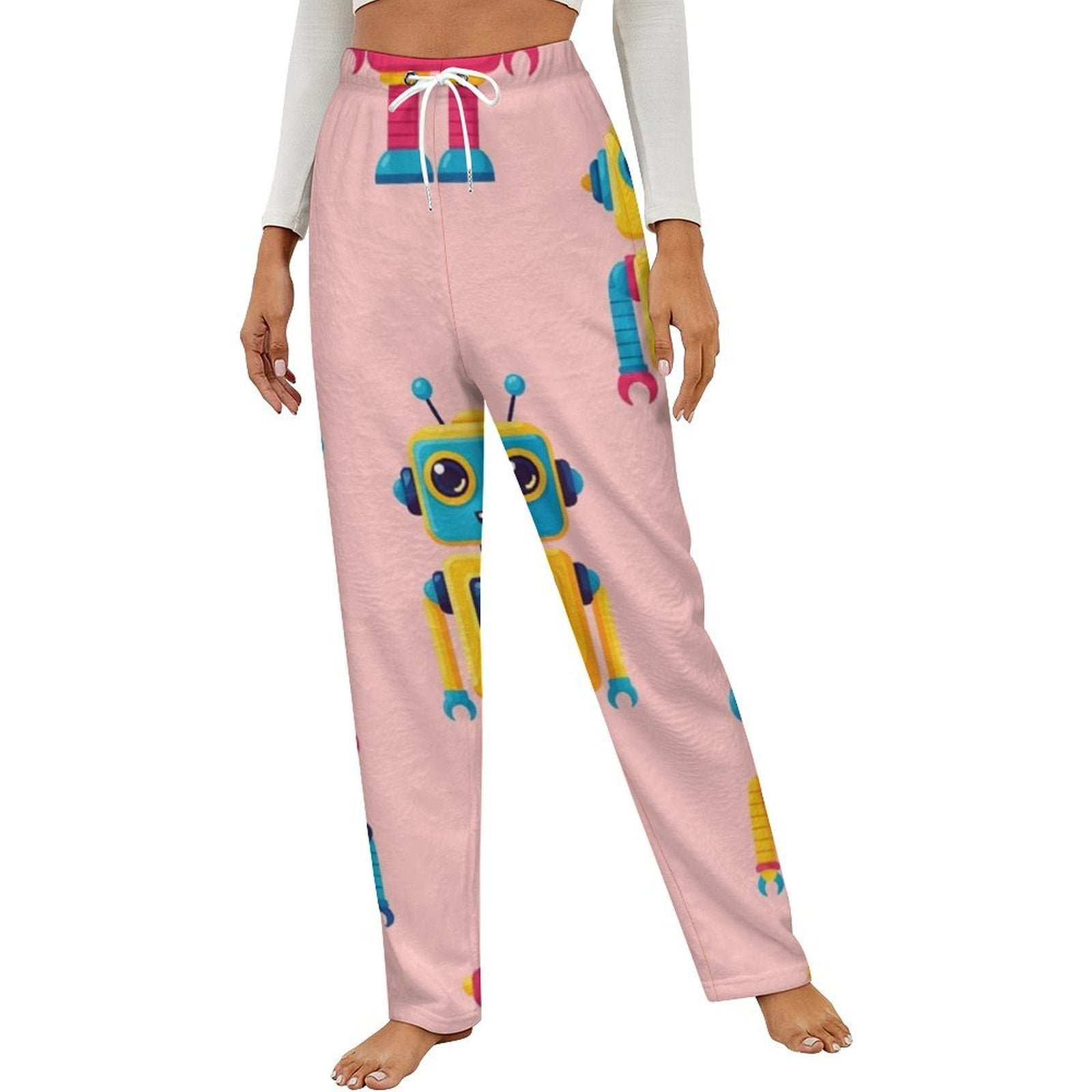 Cute Retro Robot Pink Background Pattern Winter Female Pants Flannel ...