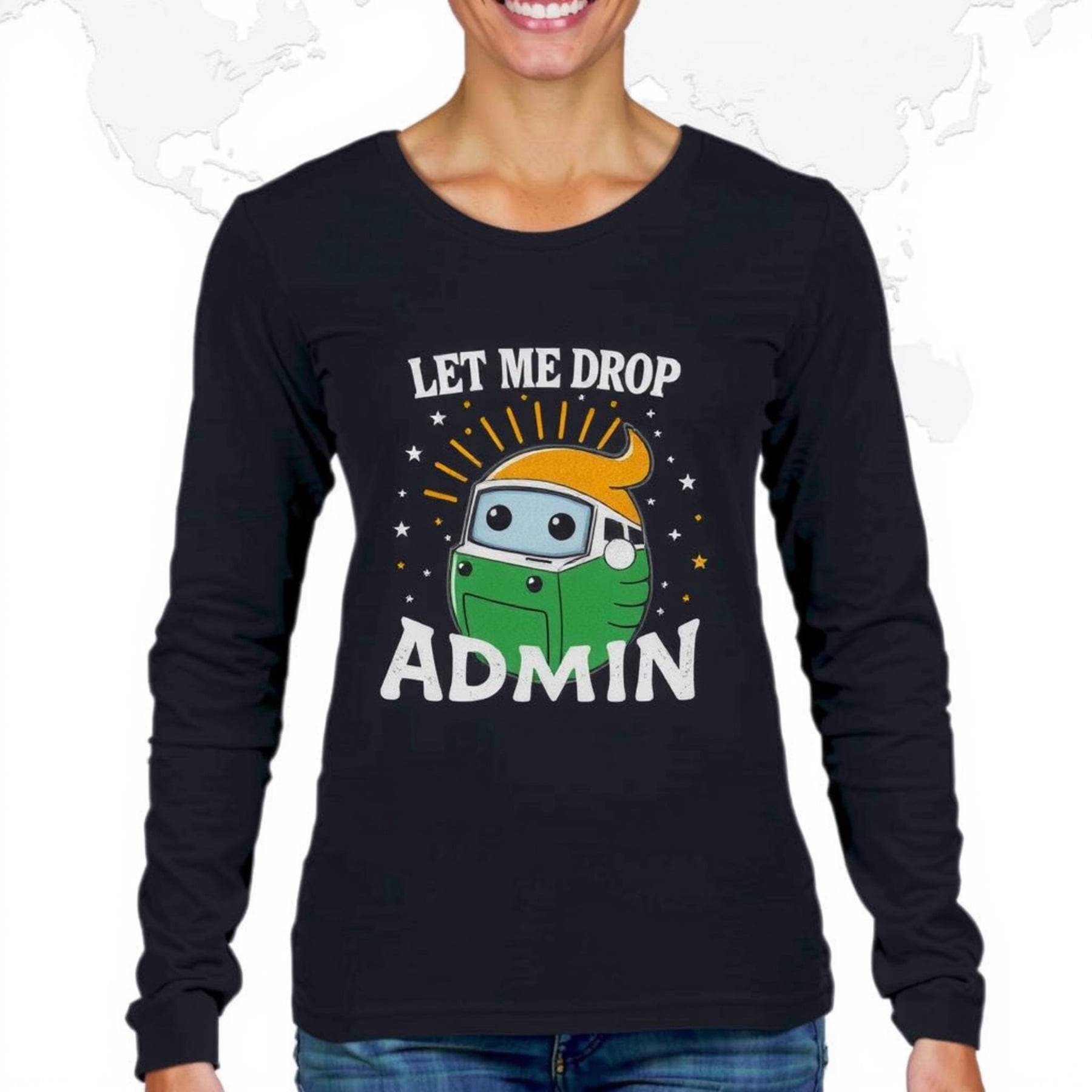 Cute Robot Graphic Black Long Sleeve T-Shirt LET ME DROP ADMIN' - Fun ...