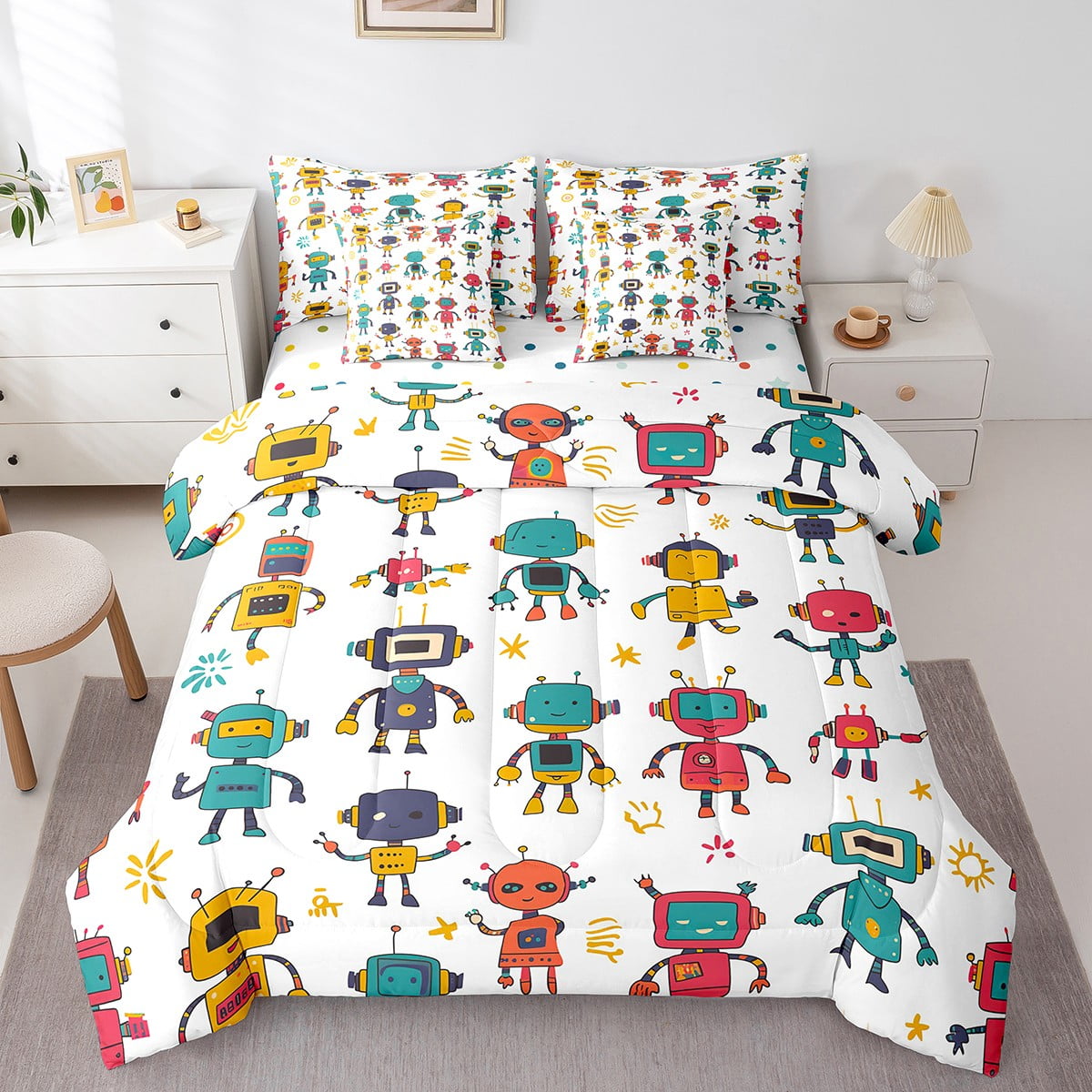 Cute Robots Bed in a Bag King Size Comforter Set 7 Pieces,Watercolor ...