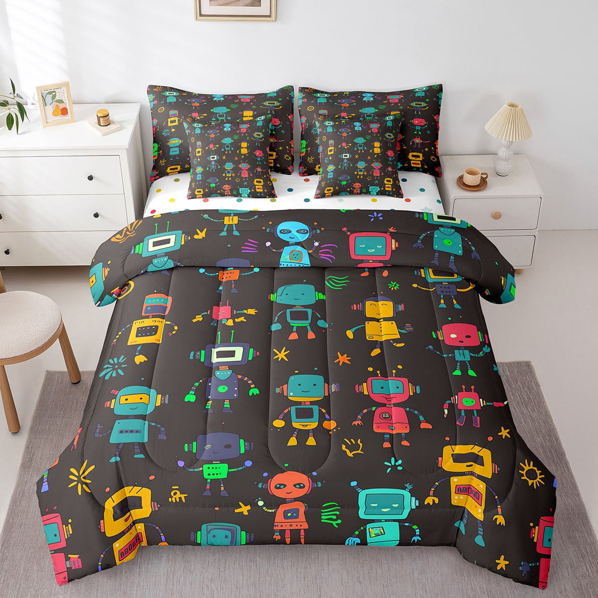 Cute Robots Comforter Set 7 Piece Bed in a Bag Twin,Watercolor Robot ...