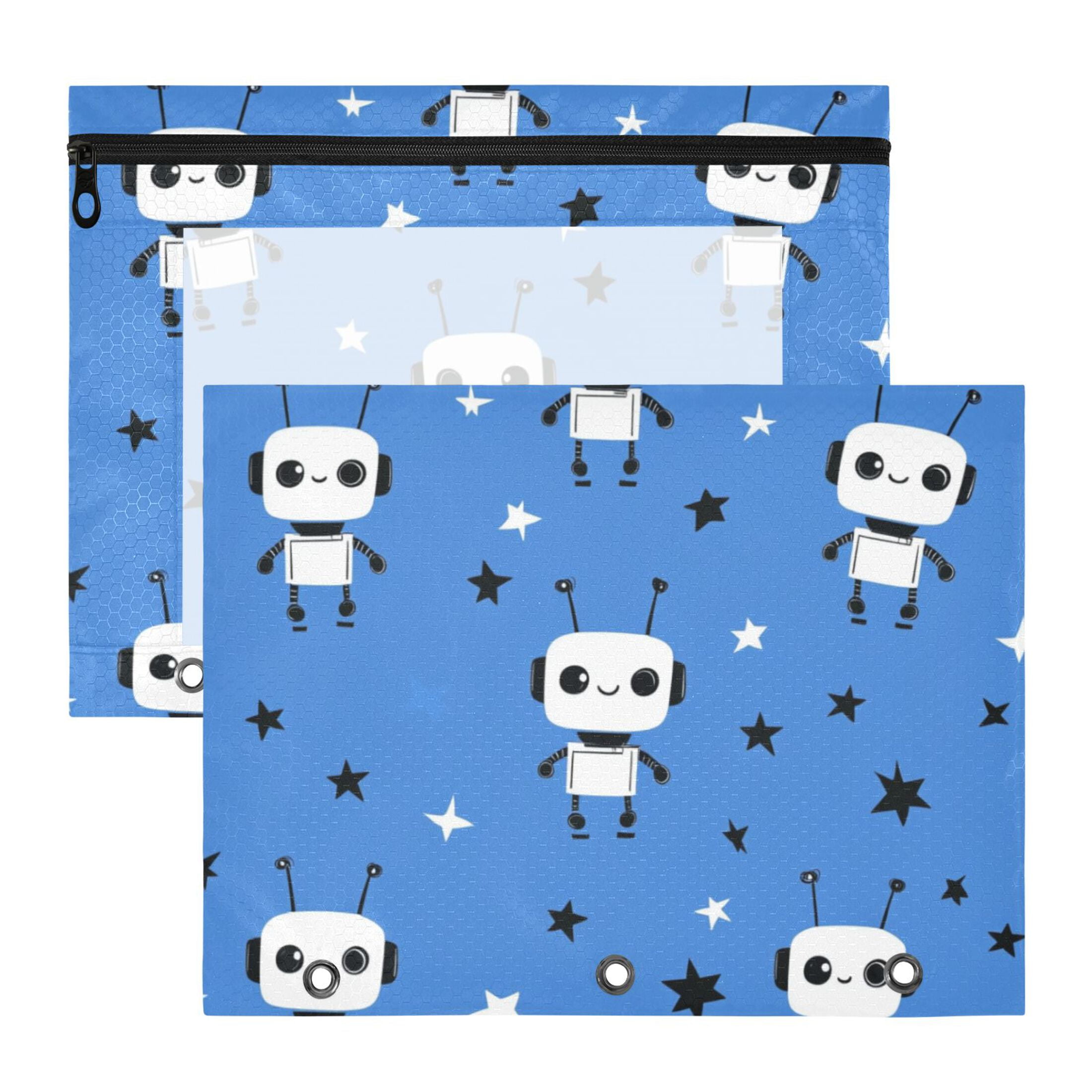 Cute Robots with Stars 3-Ring Binder Pouches A4 Size Zipper Pocket File ...