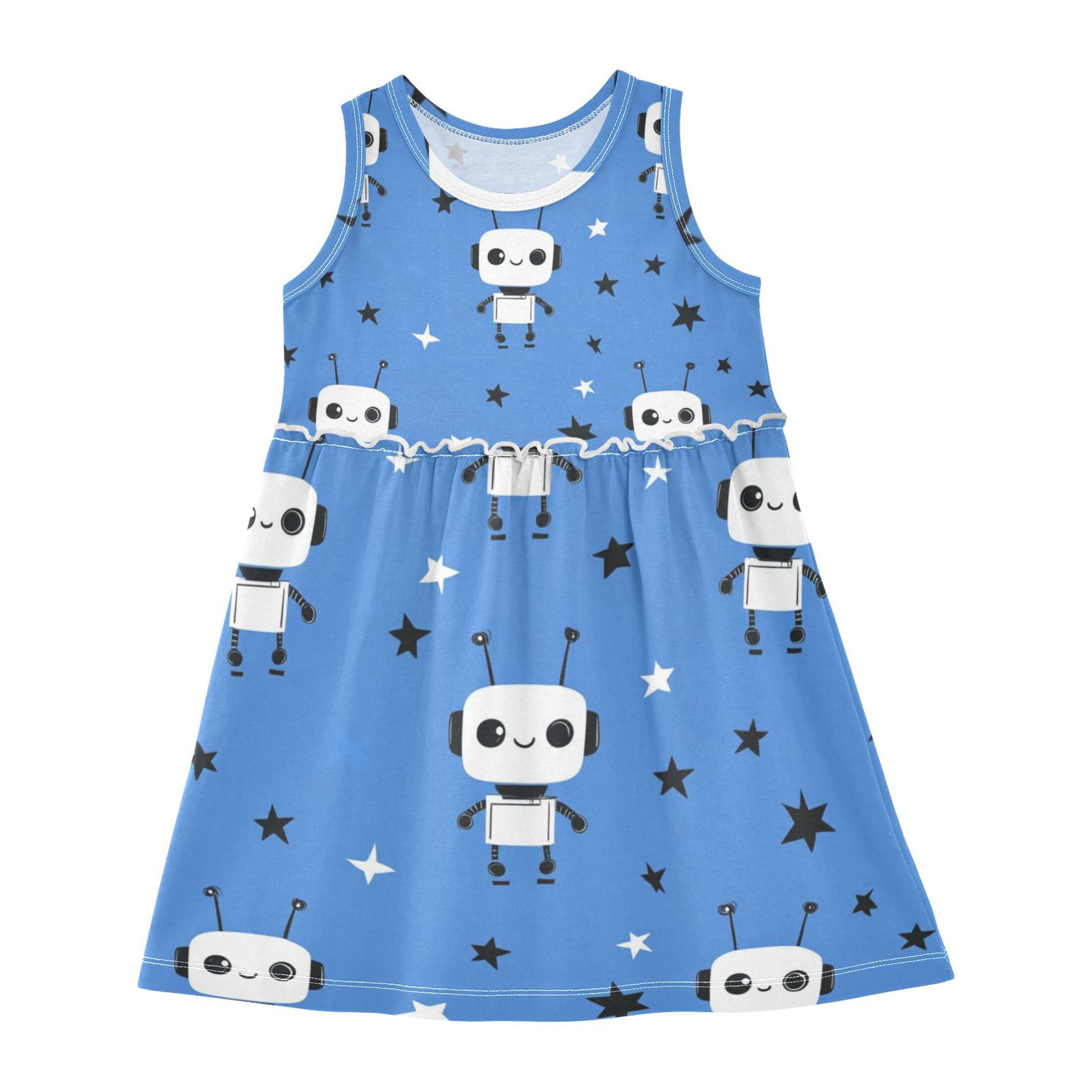 Cute Robots with Stars Girls' Sleeveless Dress A-Line One-Piece Dress ...