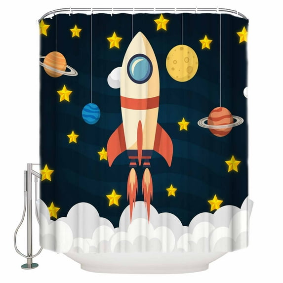 Cute Rocket Bathroom Shower Curtains with 12 Hooks Polyester Waterproof ...