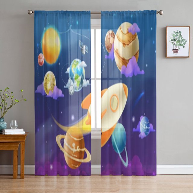 Cute Rocket Moon Space Pattern Tulle Sheer Window Curtain for Living ...