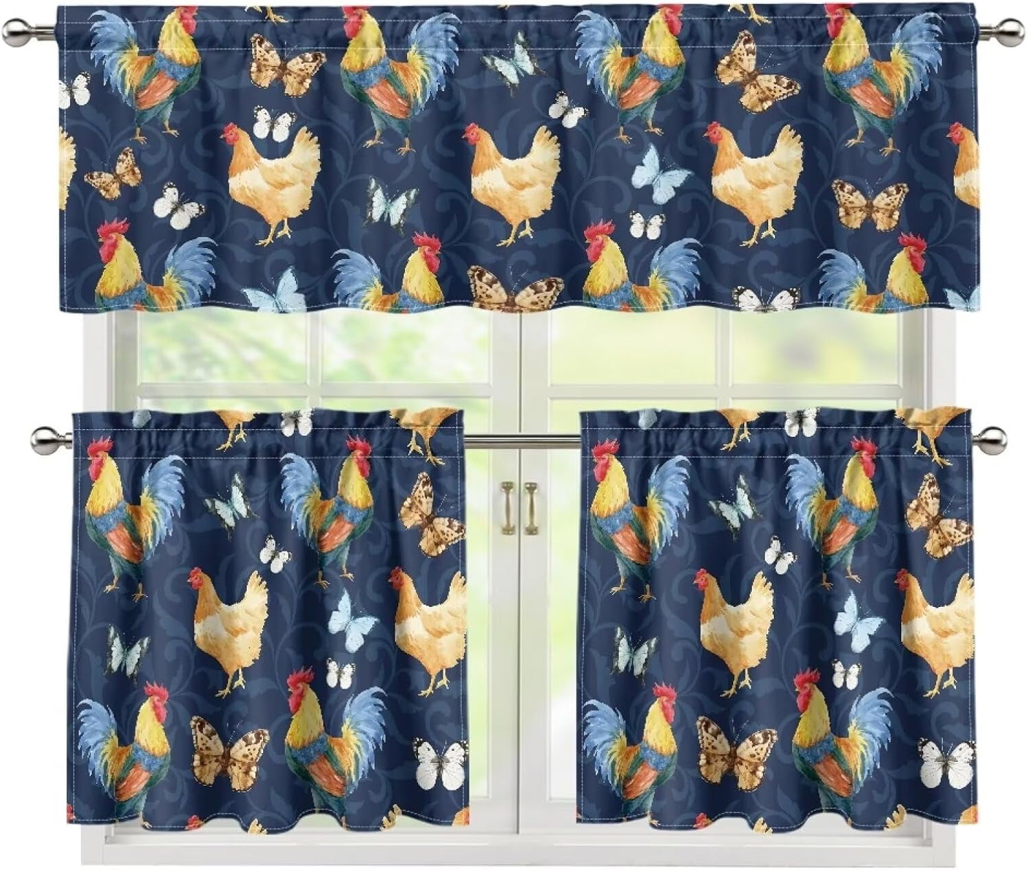 Cute Rooster Short Kitchen Window Curtains Valance and Tier Set 3 Piece ...