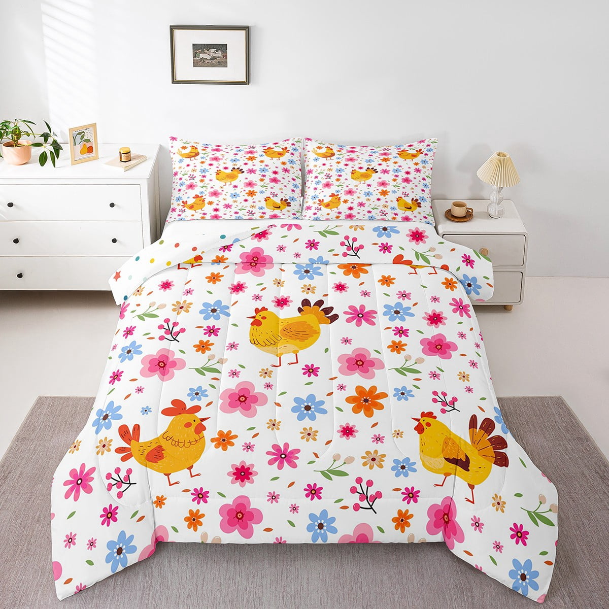 Cute Rooster Twin Comforter Set Girly Pink Floral Flower Bedding Set ...