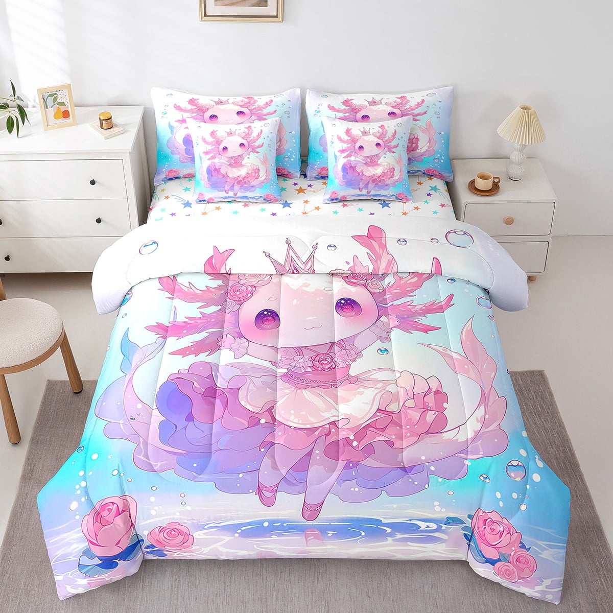 Cute Roses Axolotl Comforter Sets For Girls,Pink Axolotl Kawaii Bedding ...