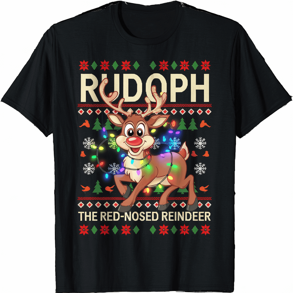 Cute Rudolph Christmas The Red Nosed Reindeer Xmas T-Shirt Black ...