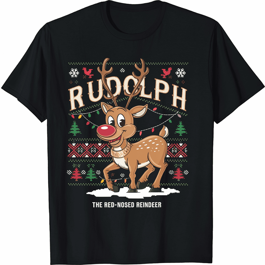 Cute Rudolph The Red Nosed Reindeer Christmas T-Shirt Black - Walmart.com