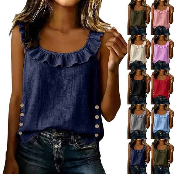 Cute Ruffle Top for Women Cotton Sleeveless Round Neck Tunic Spring ...