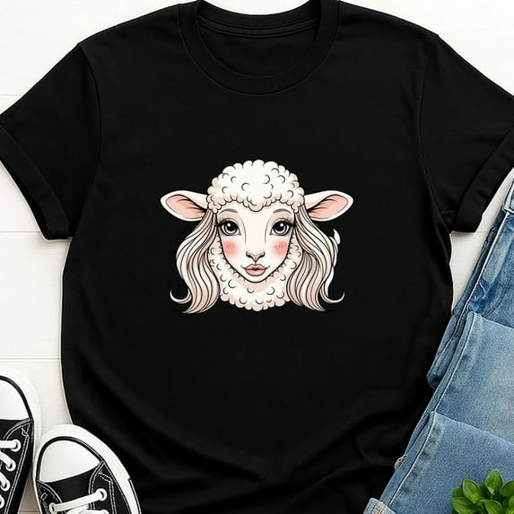 Cute S1Heep Gir1l T-S1Hirt, Feminine Lamb Head with Long Hair & LaS1Hes ...
