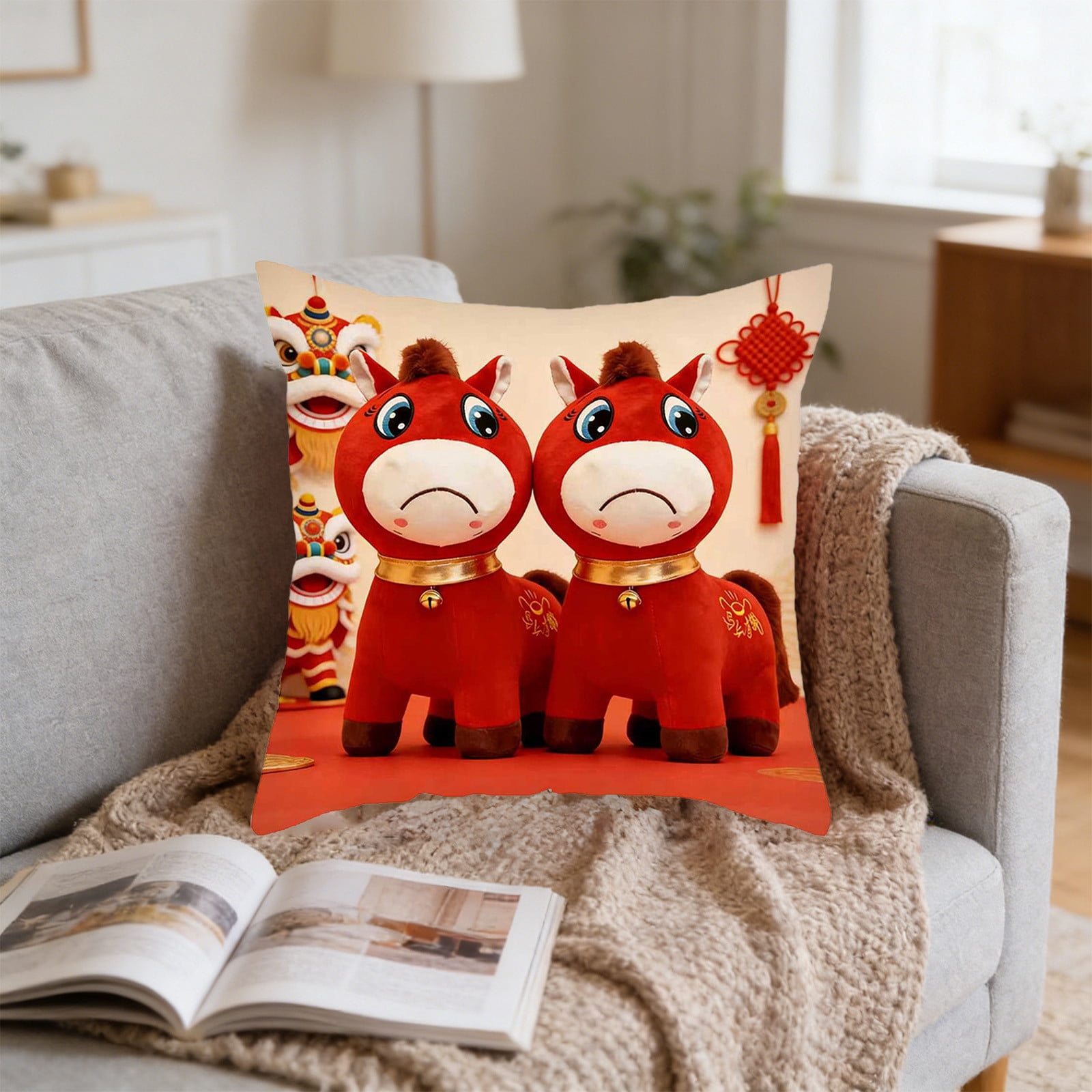 Cute Sad Face Horse Pillow Cover, 2026 Lunar Year of the Horse Red ...