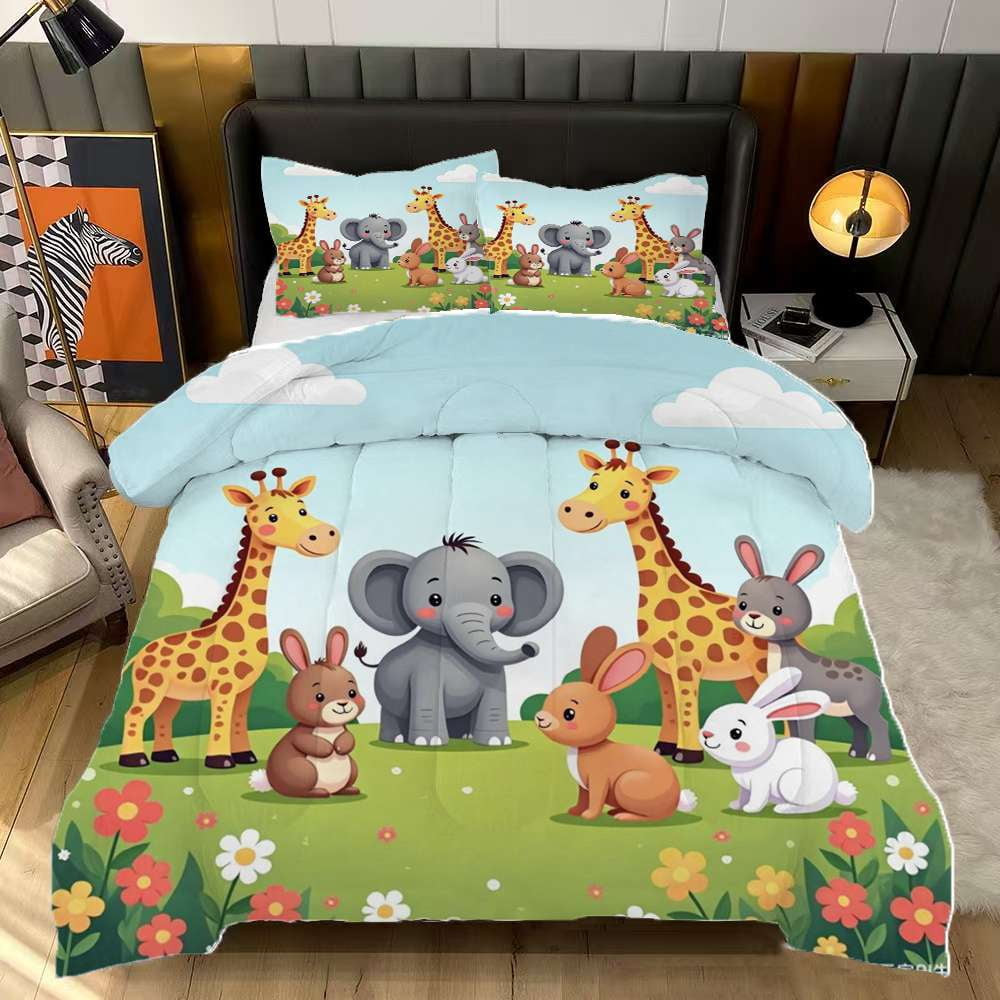 Cute Safari Animals In Garden Comforter Set Queen Size Bedding Set For ...