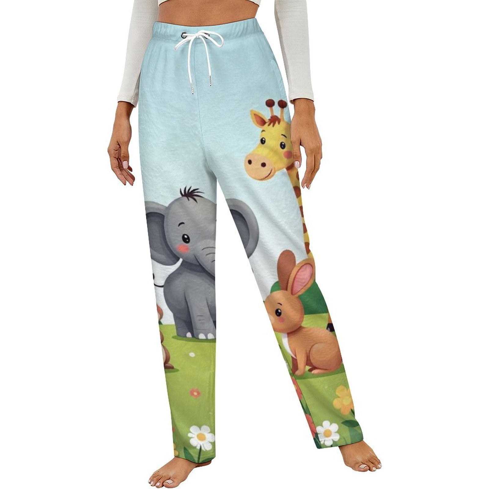 Cute Safari Animals In Garden Winter Female Pants Flannel High Waist ...