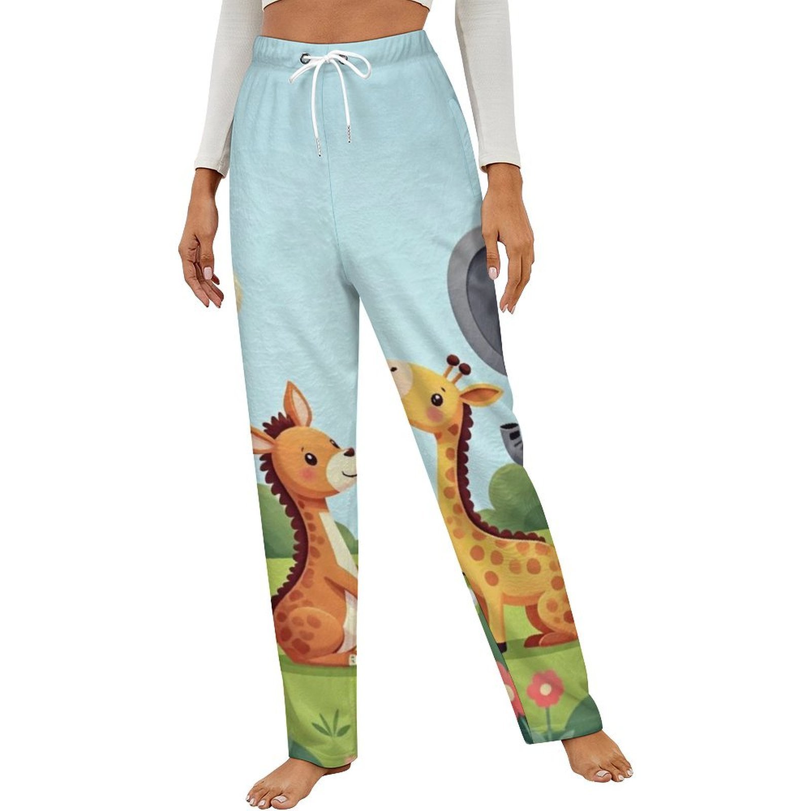 Cute Safari Animals In Garden Winter Female Pants Flannel High Waist ...