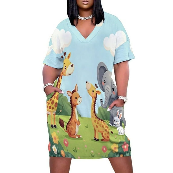 Cute Safari Animals in Garden Loose Pocket Dress Dresses Summer Summer ...