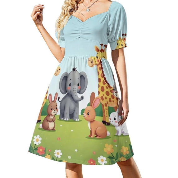 Cute Safari Animals in Garden Short Sleeve Dress Clothes Women's Summer ...