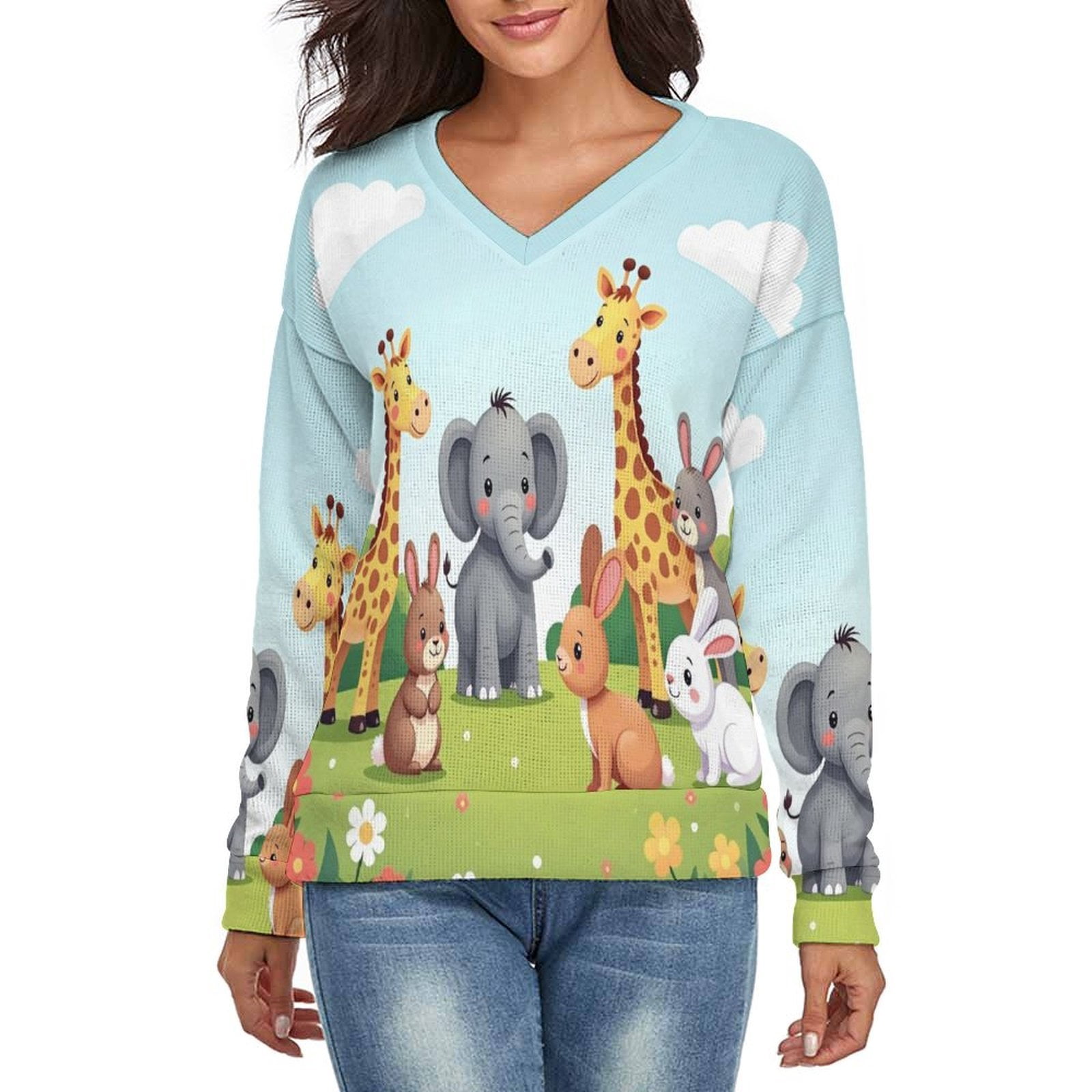 Cute Safari Animals in Garden V-neck Sweater Winter Clothes Long Sleeve ...