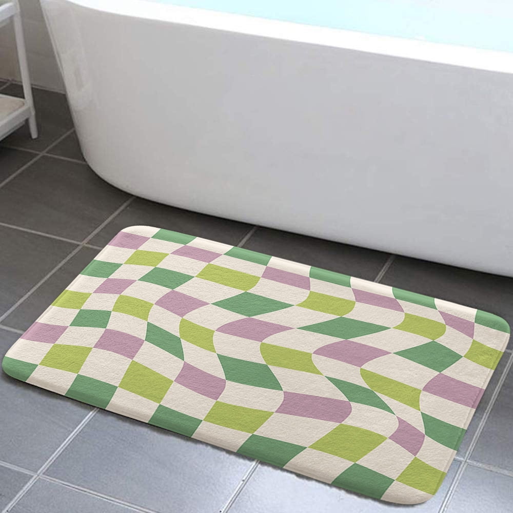 Cute Sage Green White Checkerboard Bath Rugs, Boho Retro Checkered Grid ...