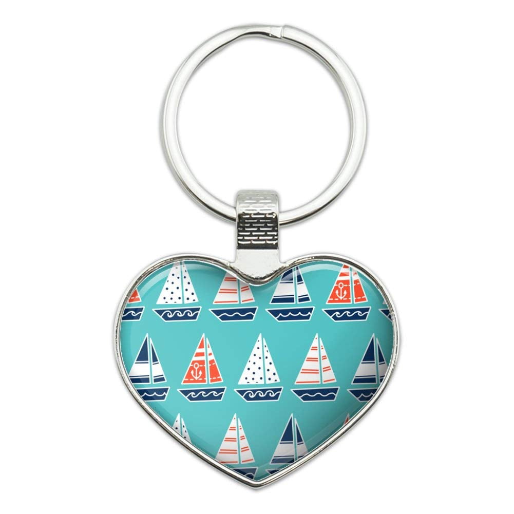 Cute Sailboats Pattern Keychain Heart Love Metal Key Chain Ring ...