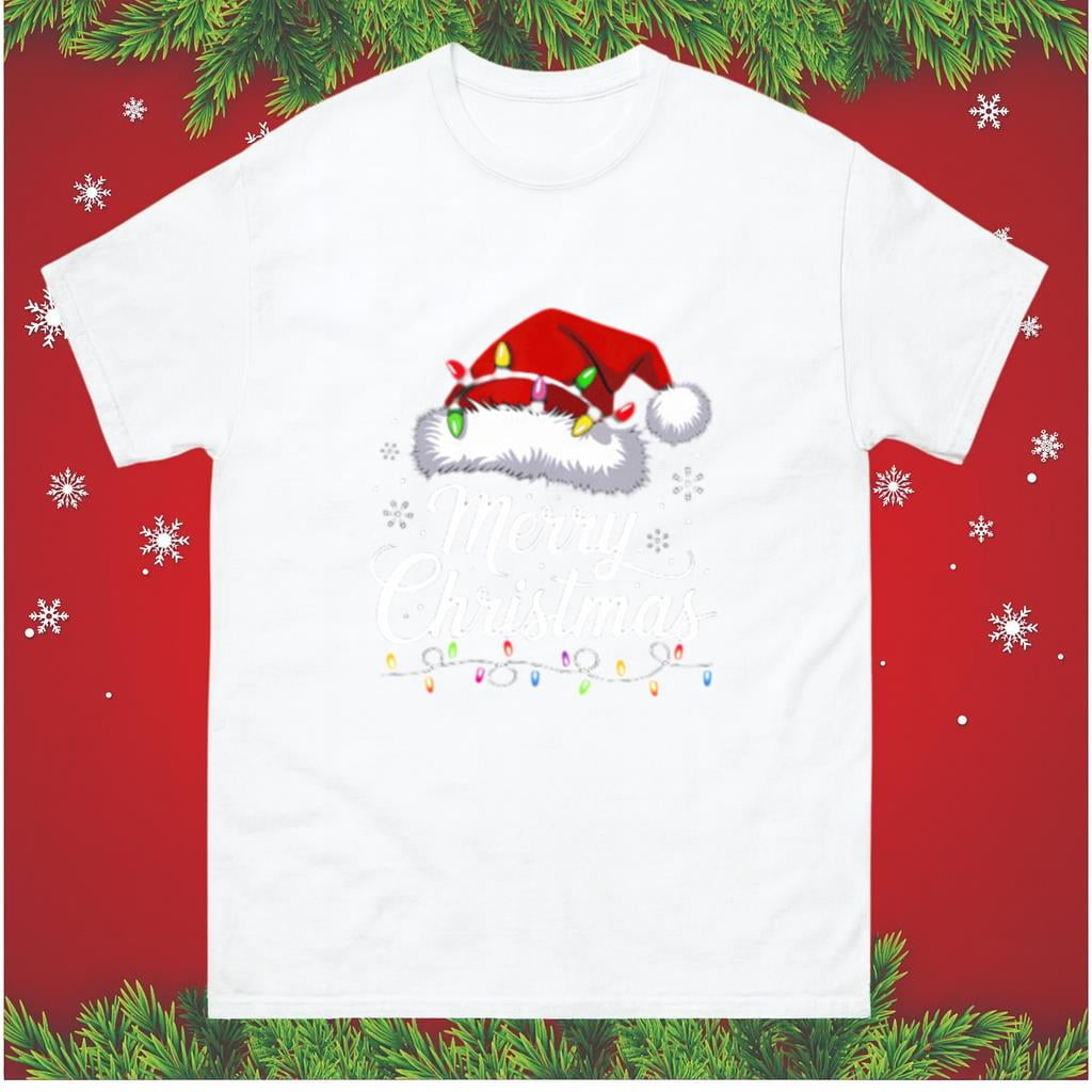 Cute Saint Nick Hat Tangled In Christmas Lights Art Unisex T-Shirt, up ...