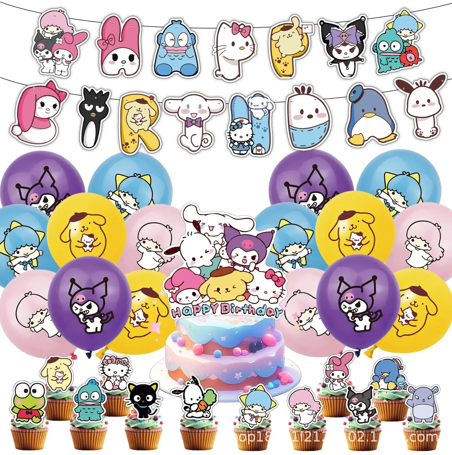 Cute Sanrio Birthday Party set dinnerware Banner Cake Disposable Topper ...