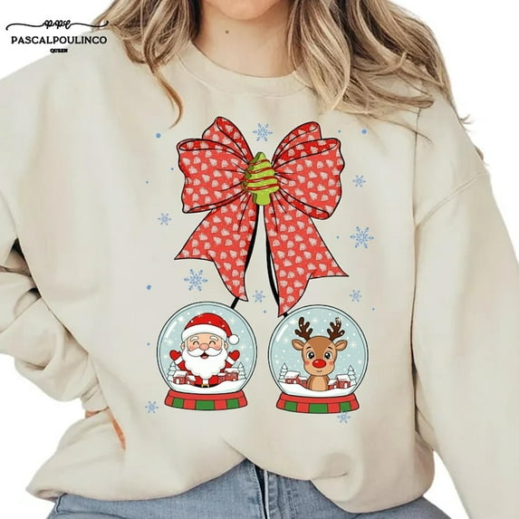 Cute Santa Reindeer Christmas Sweatshirt, Coquette Bow Snow Globe ...