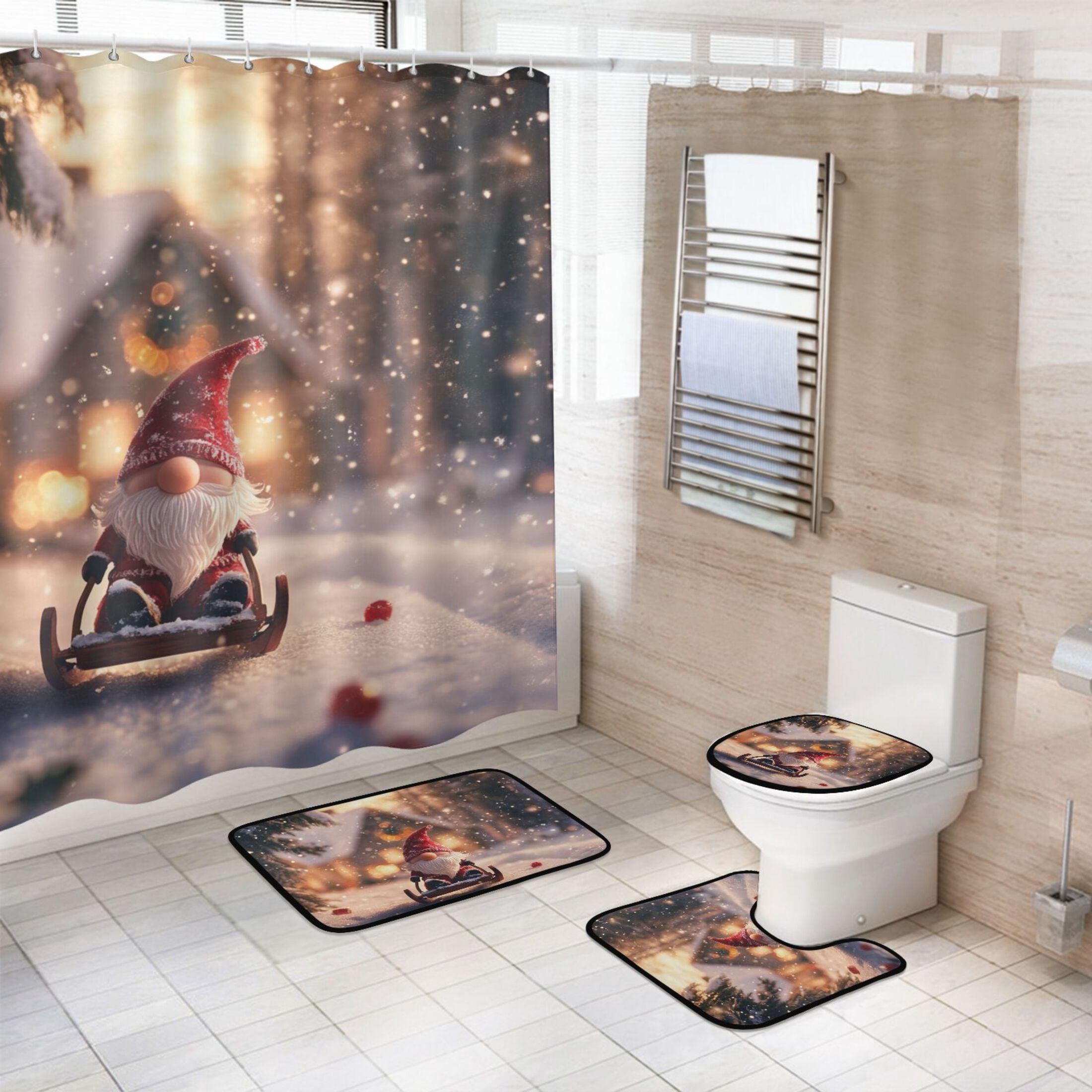 Cute Santa Riding Sleigh Shining Christmas Shower Curtain and Rug Sets ...