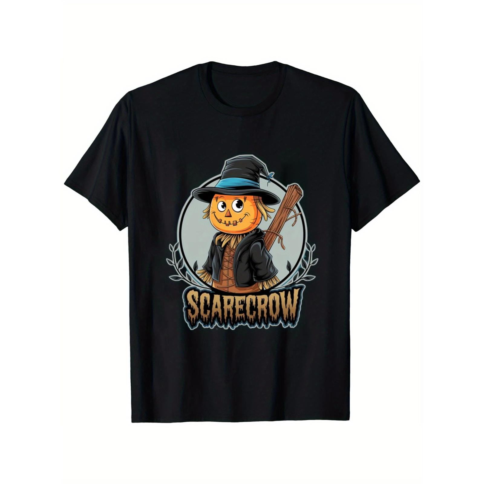 Cute Scarecrow Themed Graphic Tee, Tops Has Cartoon Scarecrow & "SCARECROW" Design, Round Neck ...