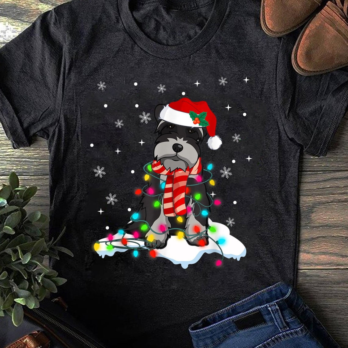 Cute Schnauzer Lights With Santa Hat Dog Dad Mom - Gift for Dog Lovers ...