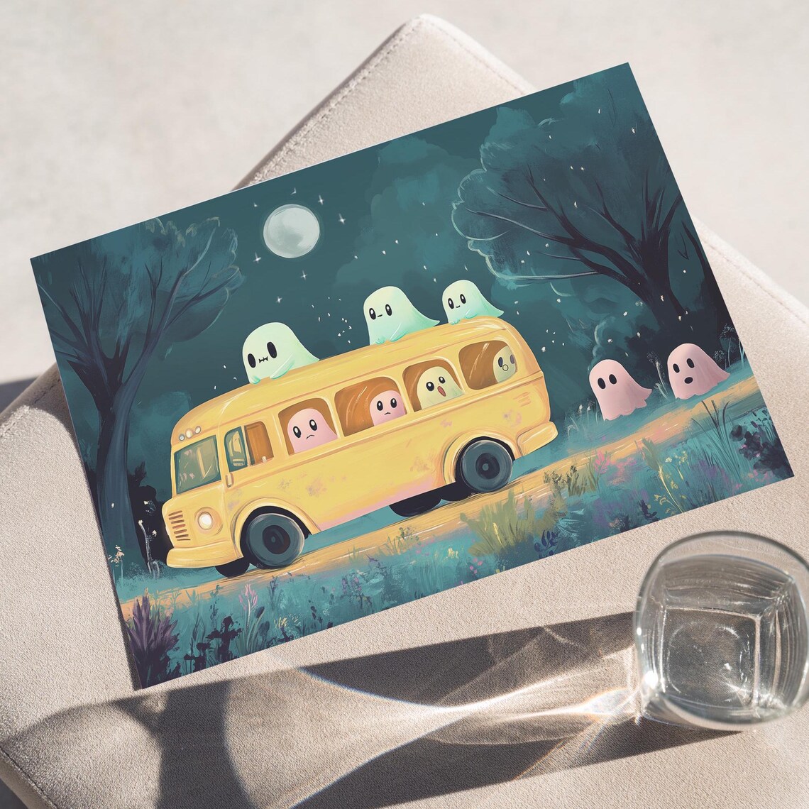 A Cute School Bus Picking Up Little Ghosts Poster Or Print, Ghosts ...