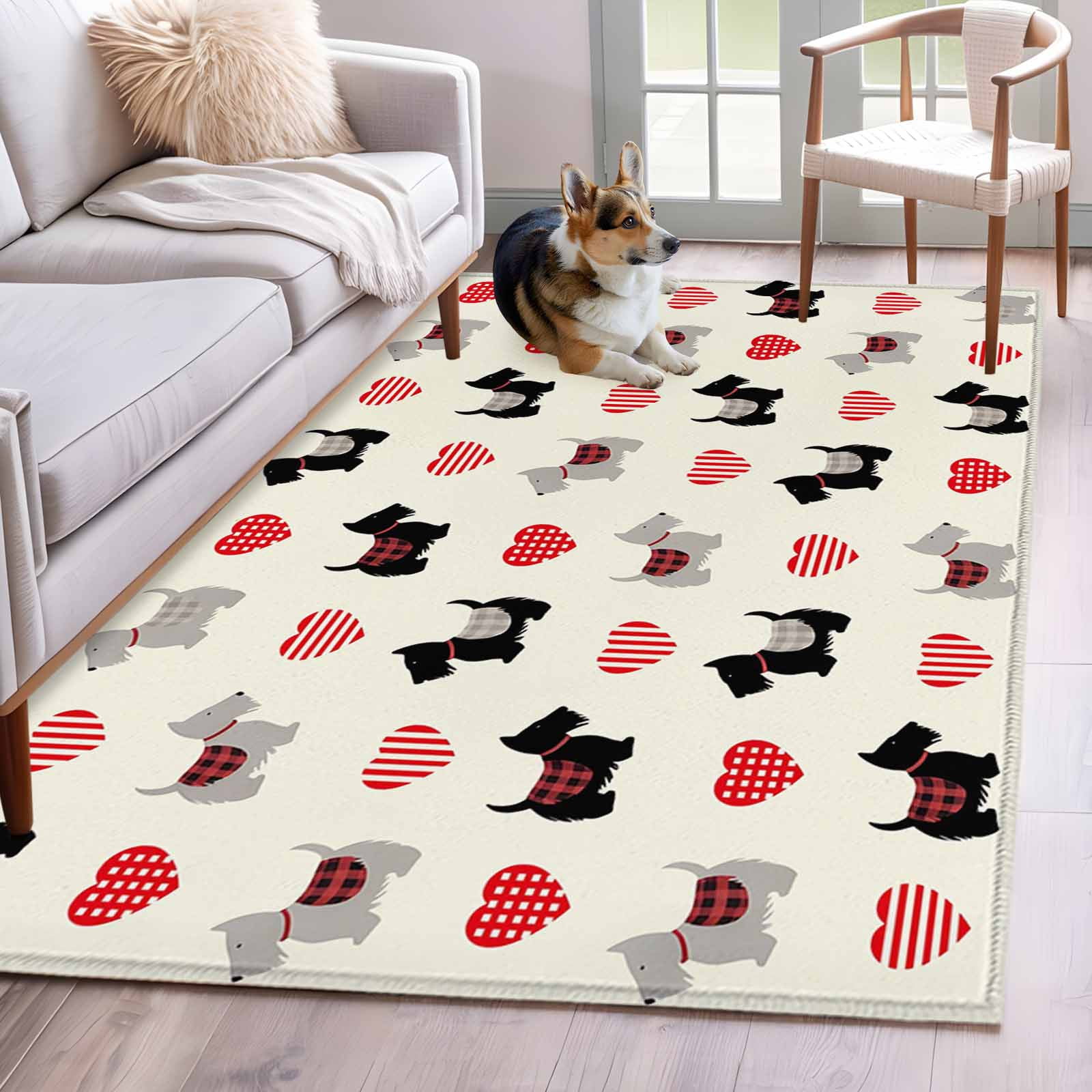 Cute Scotch Dogs Area Rug 4x6 Washable Rug Non Slip Red Heart Lovely ...