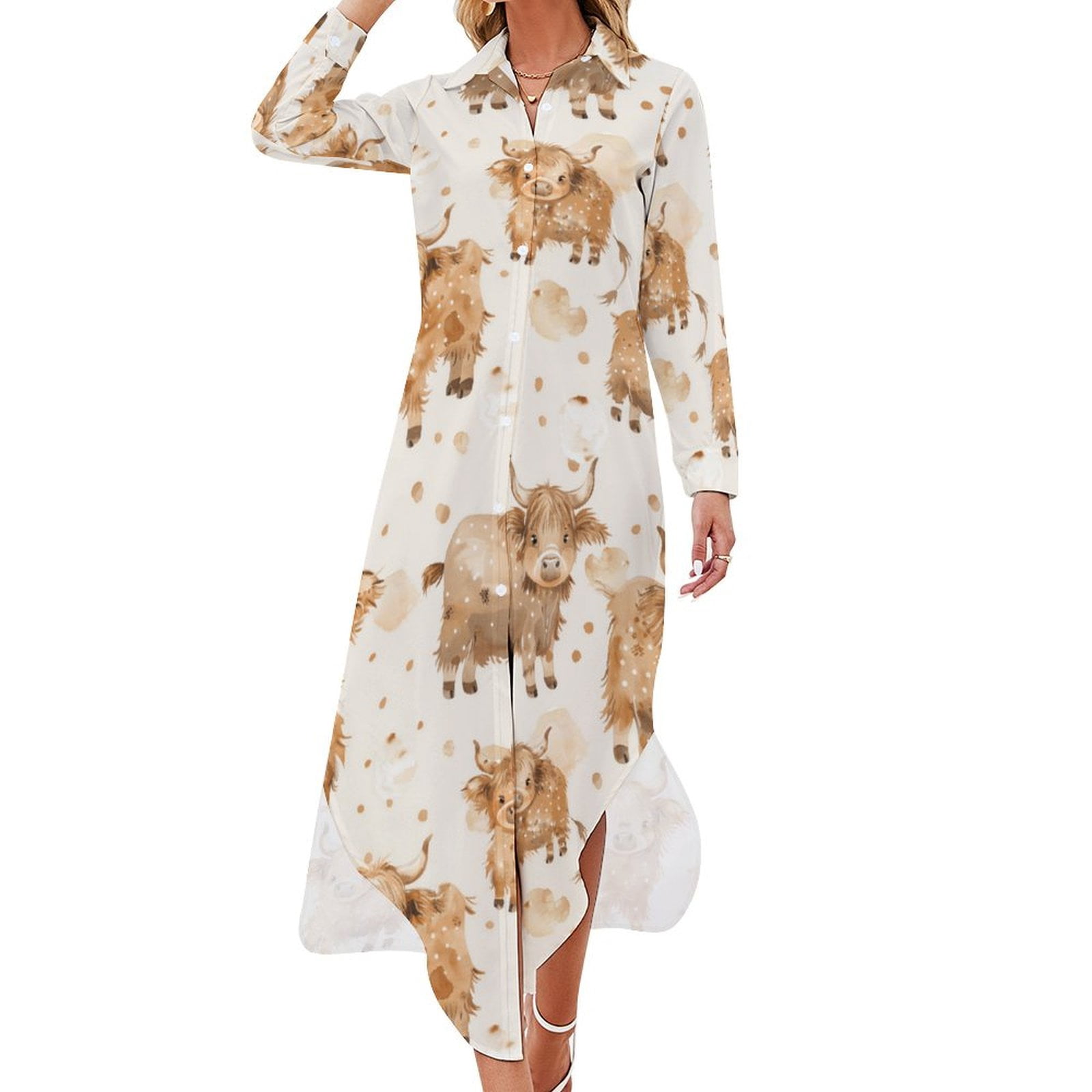 Cute Scottish Highland Cow Women's Maxi T Shirt Dress Long Sleeve Lapel ...
