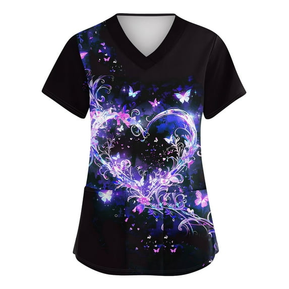 Cute Scrub Tops Stretchy Short Sleeve V Neck Cartoon Print Pattern ...