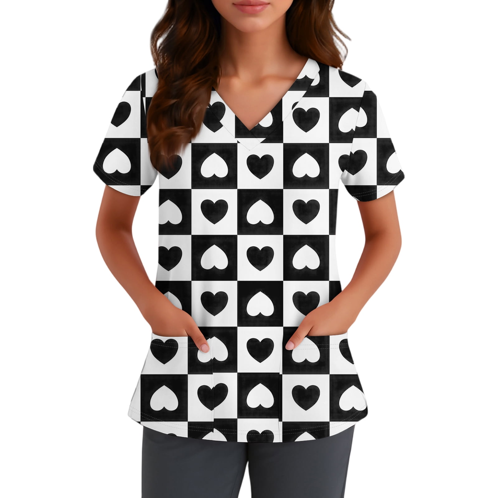 Cute Scrub Tops Stretchy Short Sleeve V Neck Cartoon Print Pattern ...