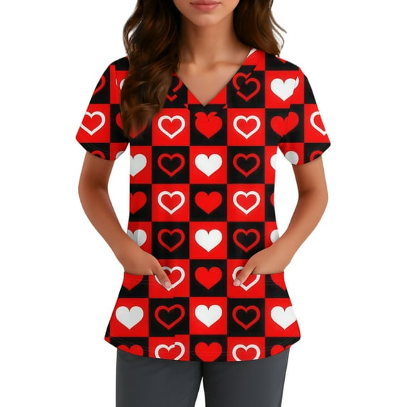 Cute Scrub Tops Stretchy Short Sleeve V Neck Cartoon Print Pattern ...