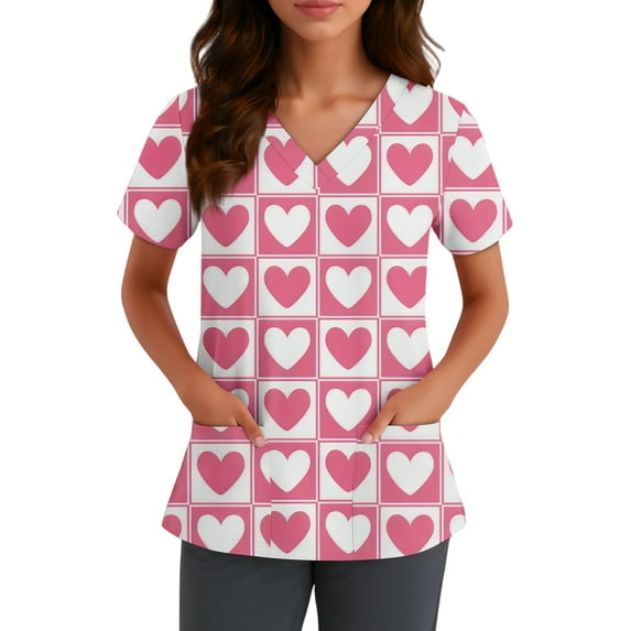 Cute Scrub Tops Stretchy Short Sleeve V Neck Cartoon Print Pattern ...