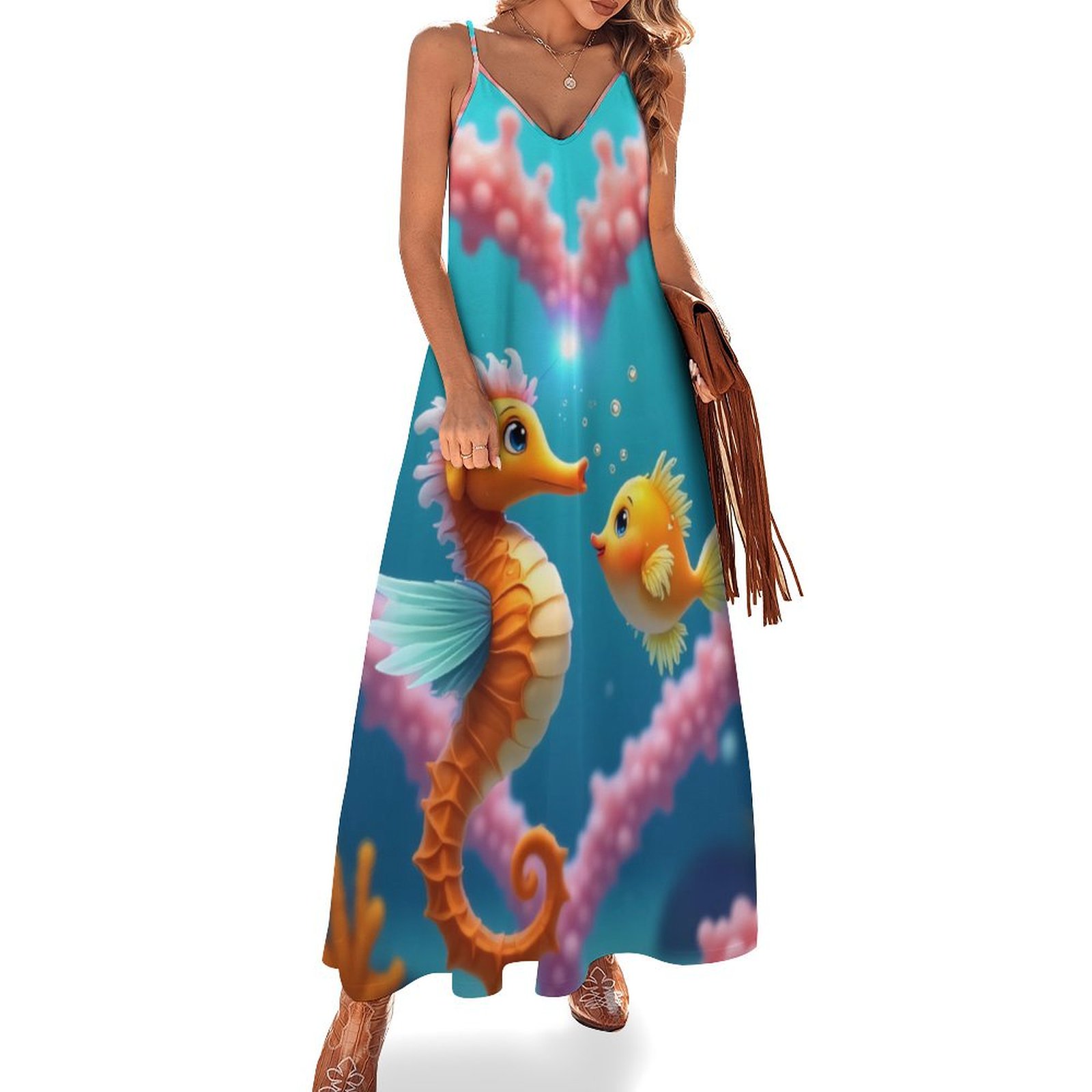 Cute Sea Horse And Fish Heart Coral Design Sleeveless Dress Woman ...