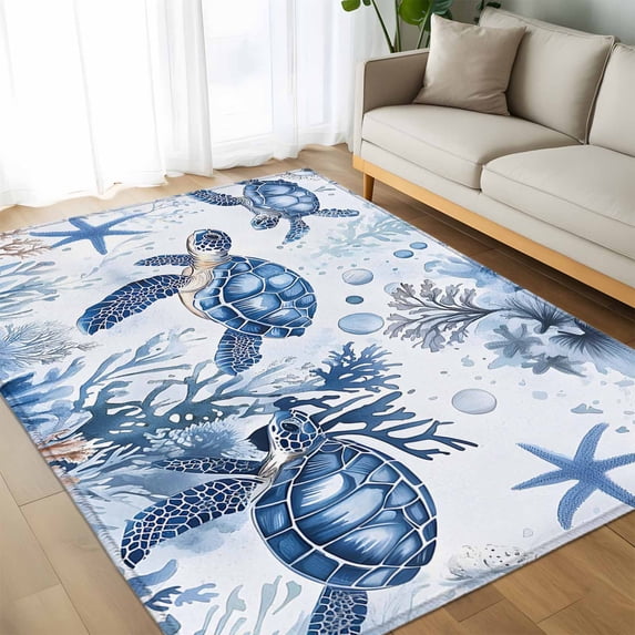 Cute Sea Turtle Coral Starfish Floor Carpet Living Room Rug, Blue Ocean ...