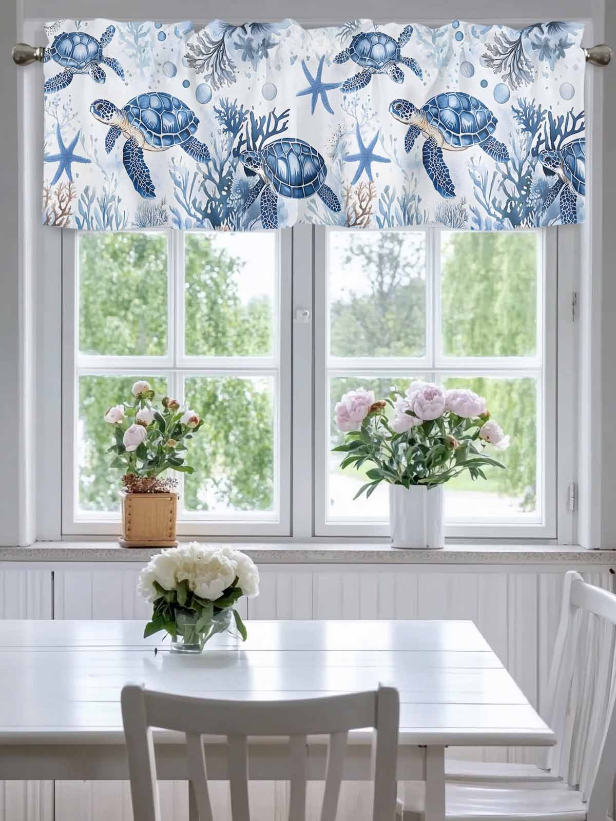 Cute Sea Turtle Coral Starfish Valances for Windows,Kitchen Valance Rod ...