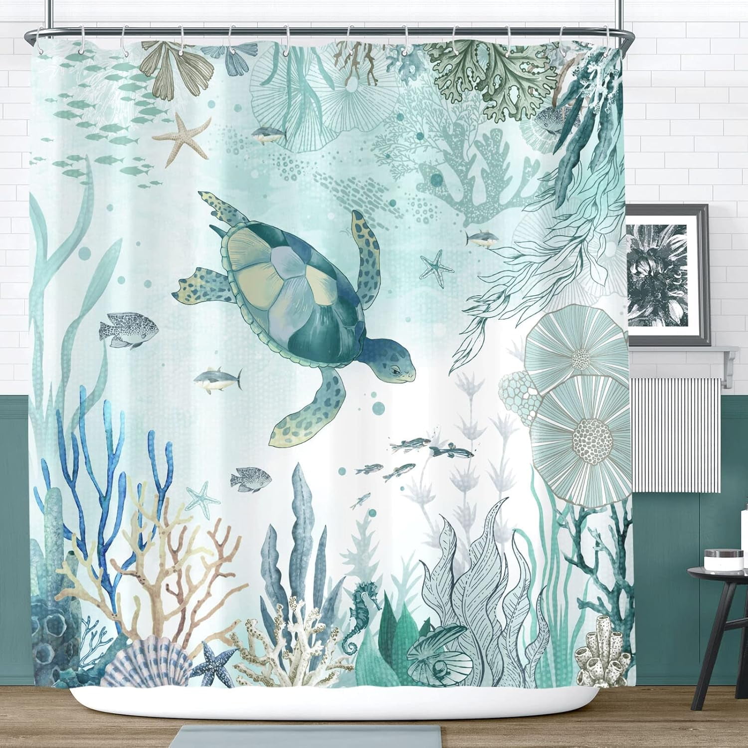 Cute Sea Turtle Shower Curtain Teal Ocean Shower Curtain Set Waterproof ...