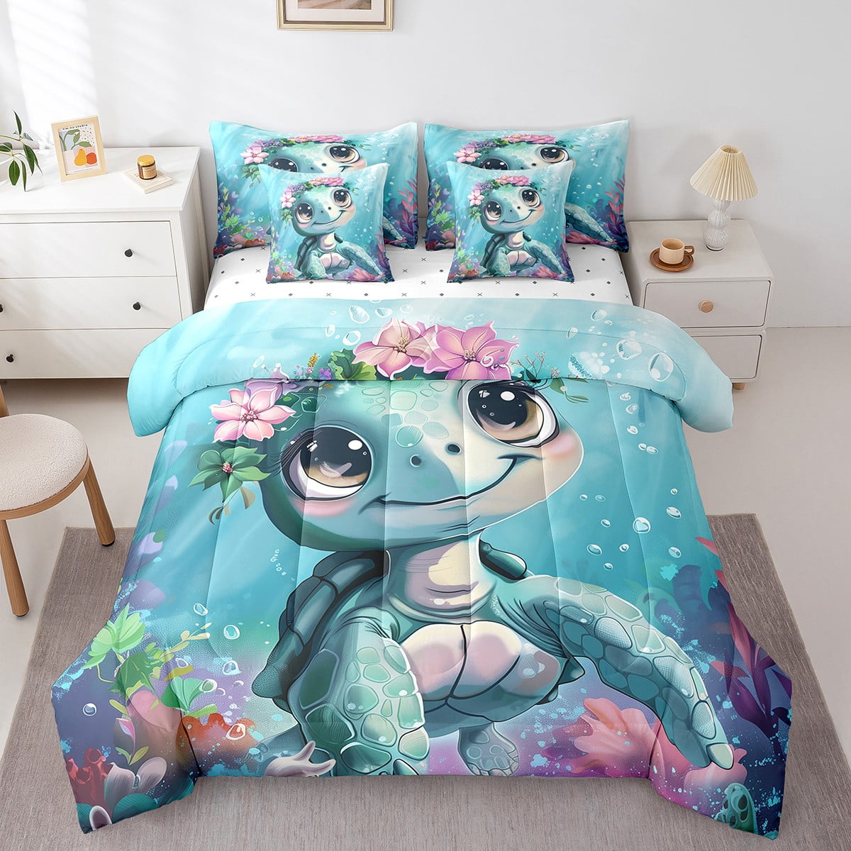 Cute Sea Turtle Bedding Twin Size 7pcs Kawaii Ocean Animal Comforter ...